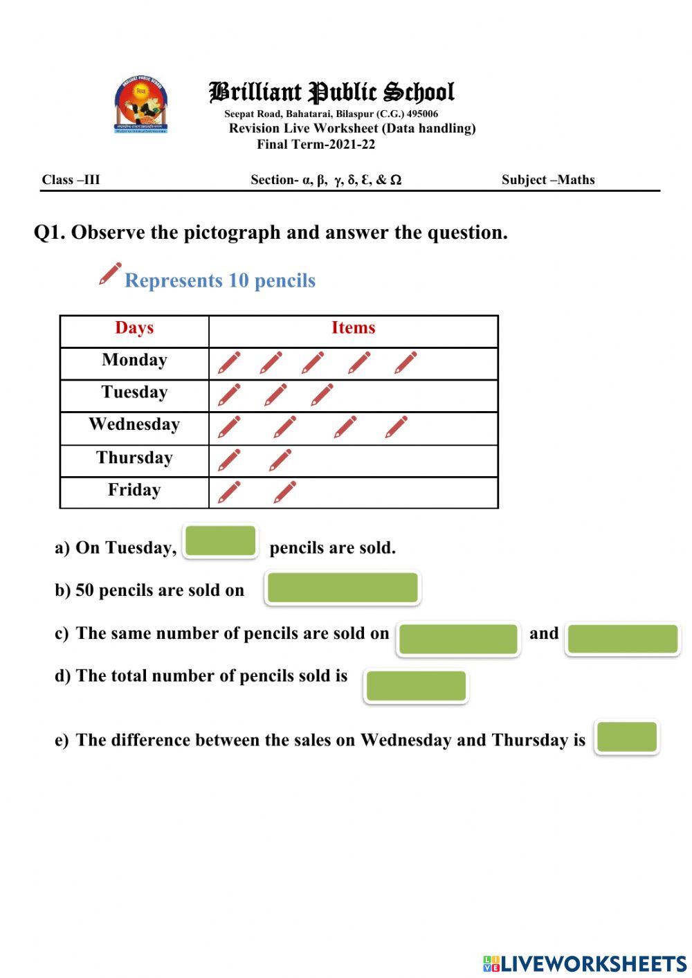 live worksheet of maths Data handling | Dipmala singh