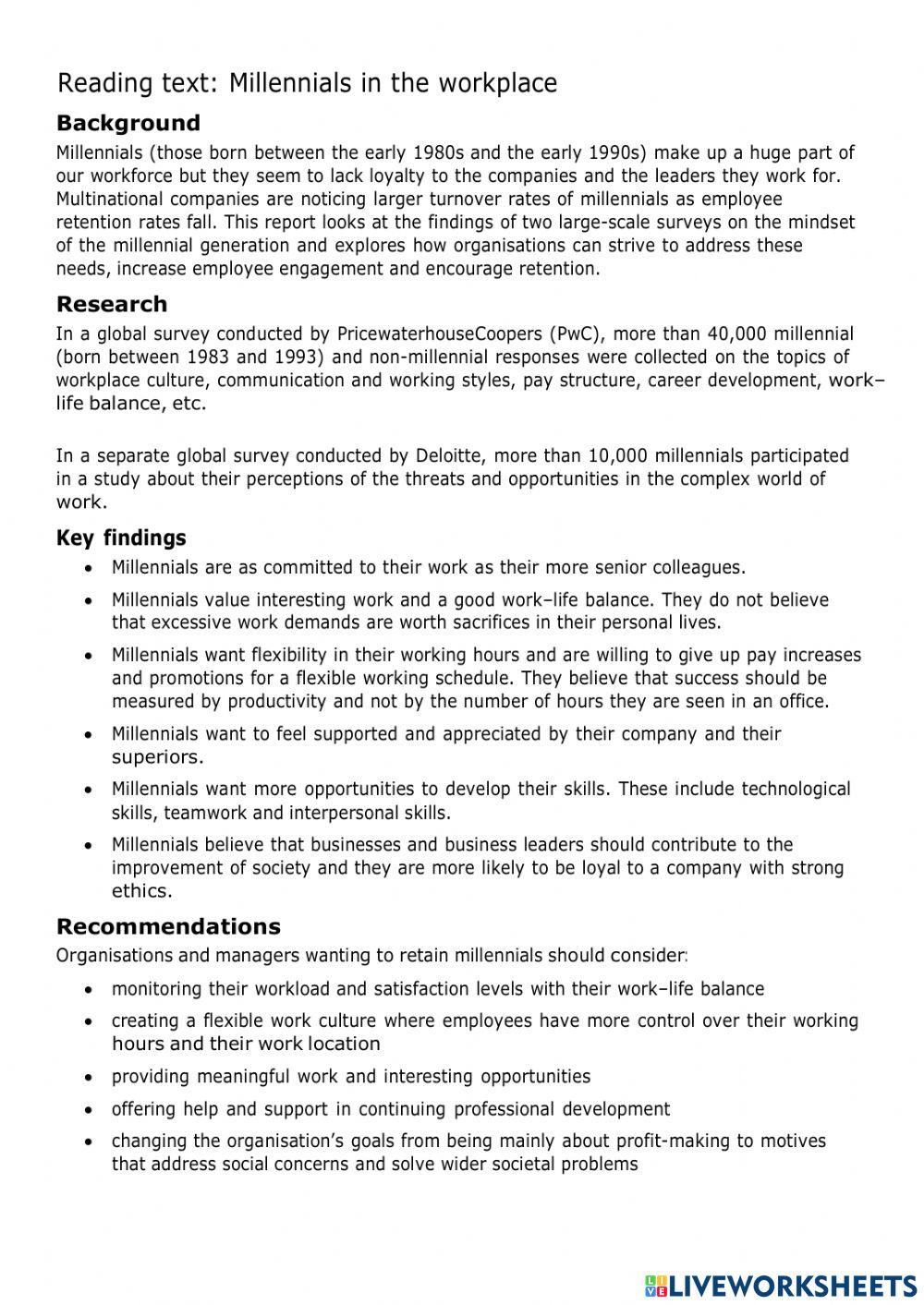 MILLENNIALS AT WORK online exercise for | Live Worksheets