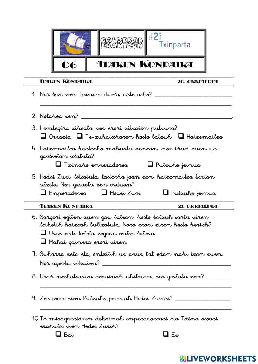 Tearen kondaira worksheet | Live Worksheets