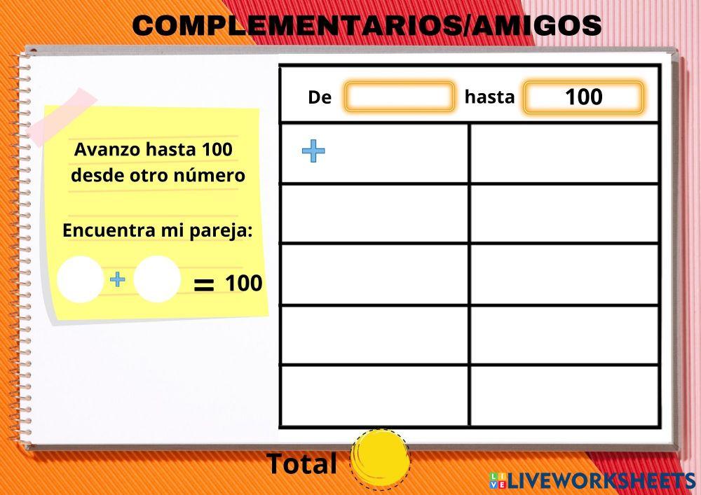 Complemetarios del 100 worksheet | Live Worksheets