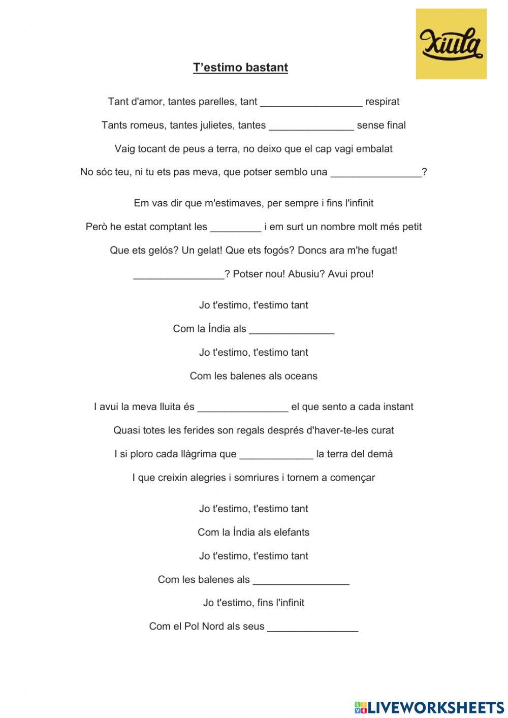 T'estimo bastant - Xiula worksheet | Live Worksheets