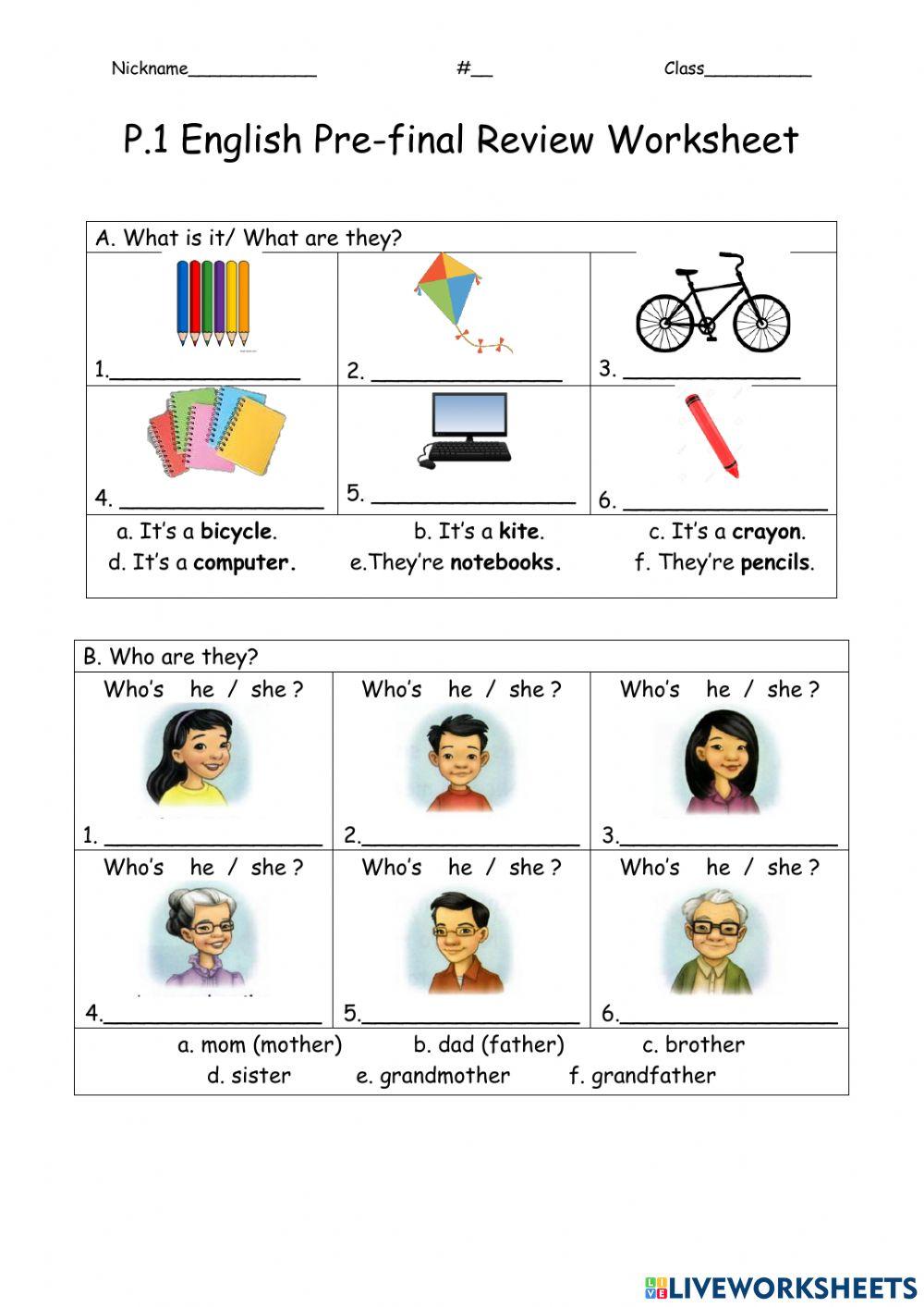 P.1 English Pre-Final Review Worksheet online exercise for | Live ...