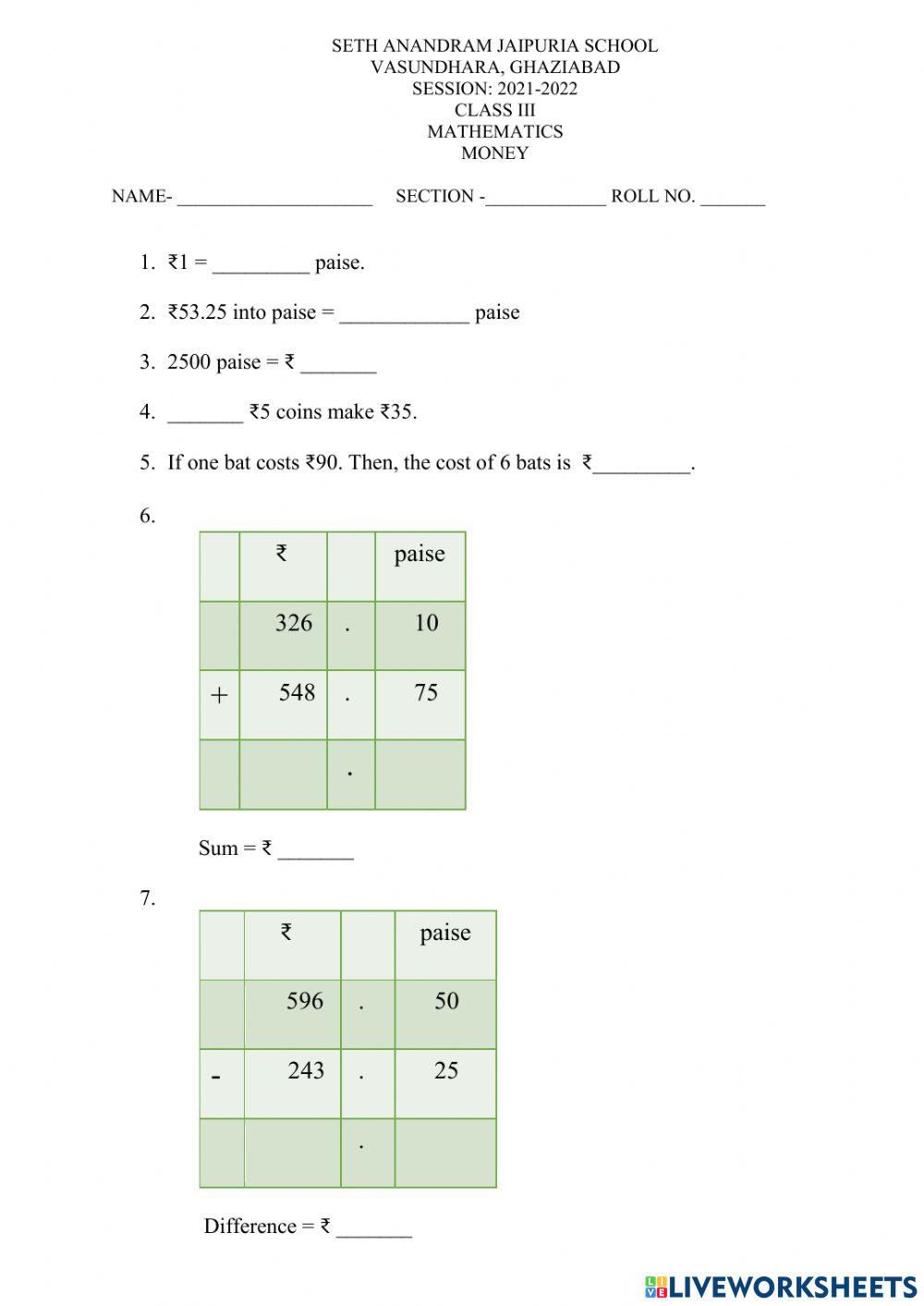 Money online exercise for 3 | Live Worksheets