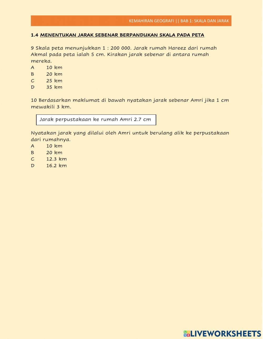 BAB 1 : SKALA DAN JARAK online exercise for | Live Worksheets