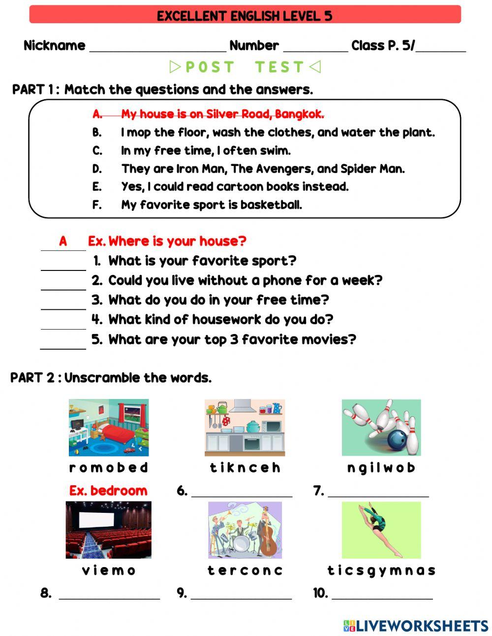 Excellent English-L5-Post Test-Sem 2 online exercise for | Live Worksheets