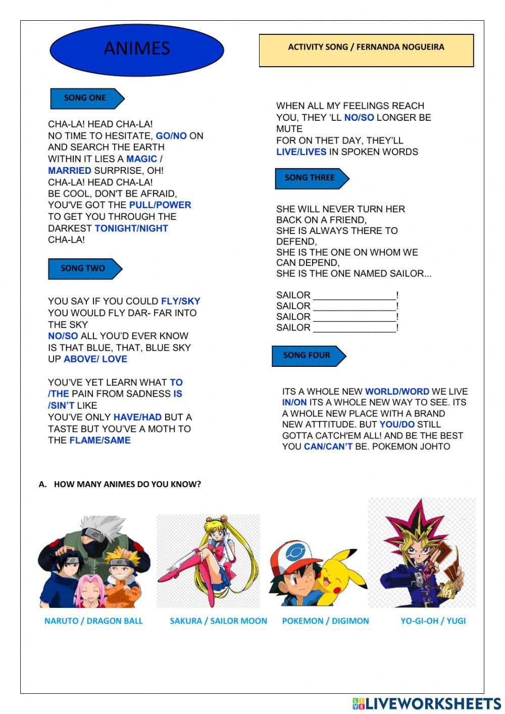 Animes | Free Interactive Worksheets | 1838271