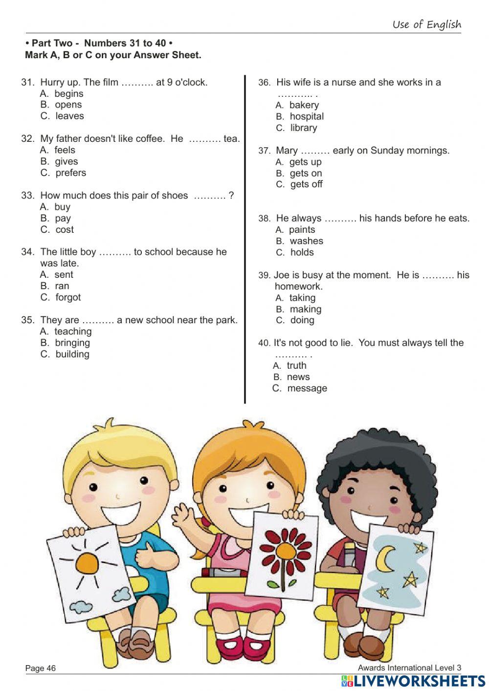 AWARDS LEVEL 3 TEST JUNE 2015 worksheet | Live Worksheets