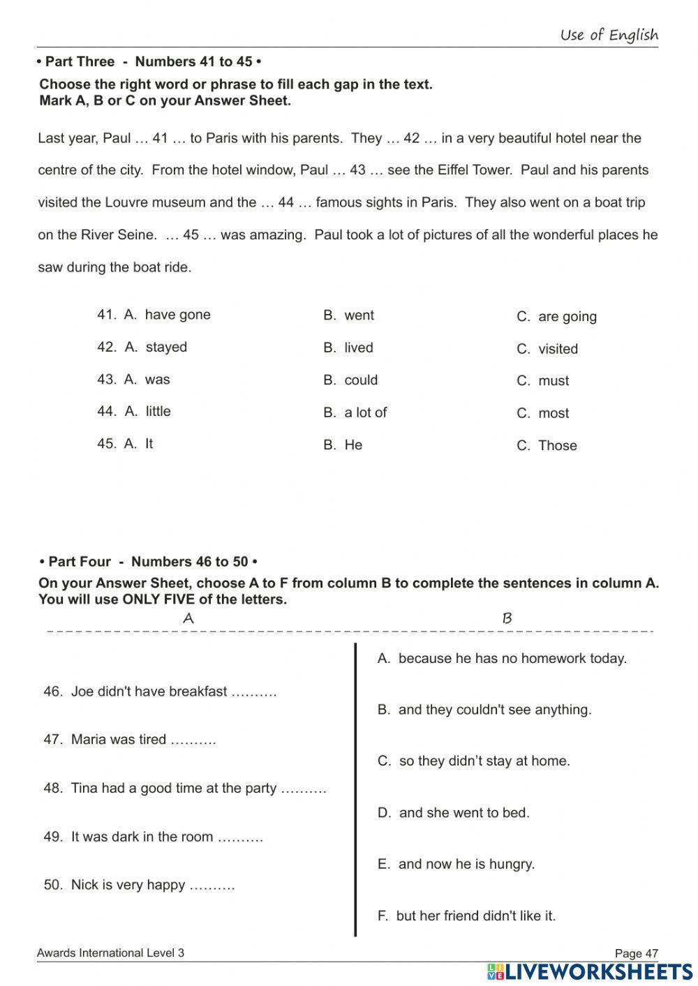 AWARDS LEVEL 3 TEST JUNE 2015 worksheet | Live Worksheets