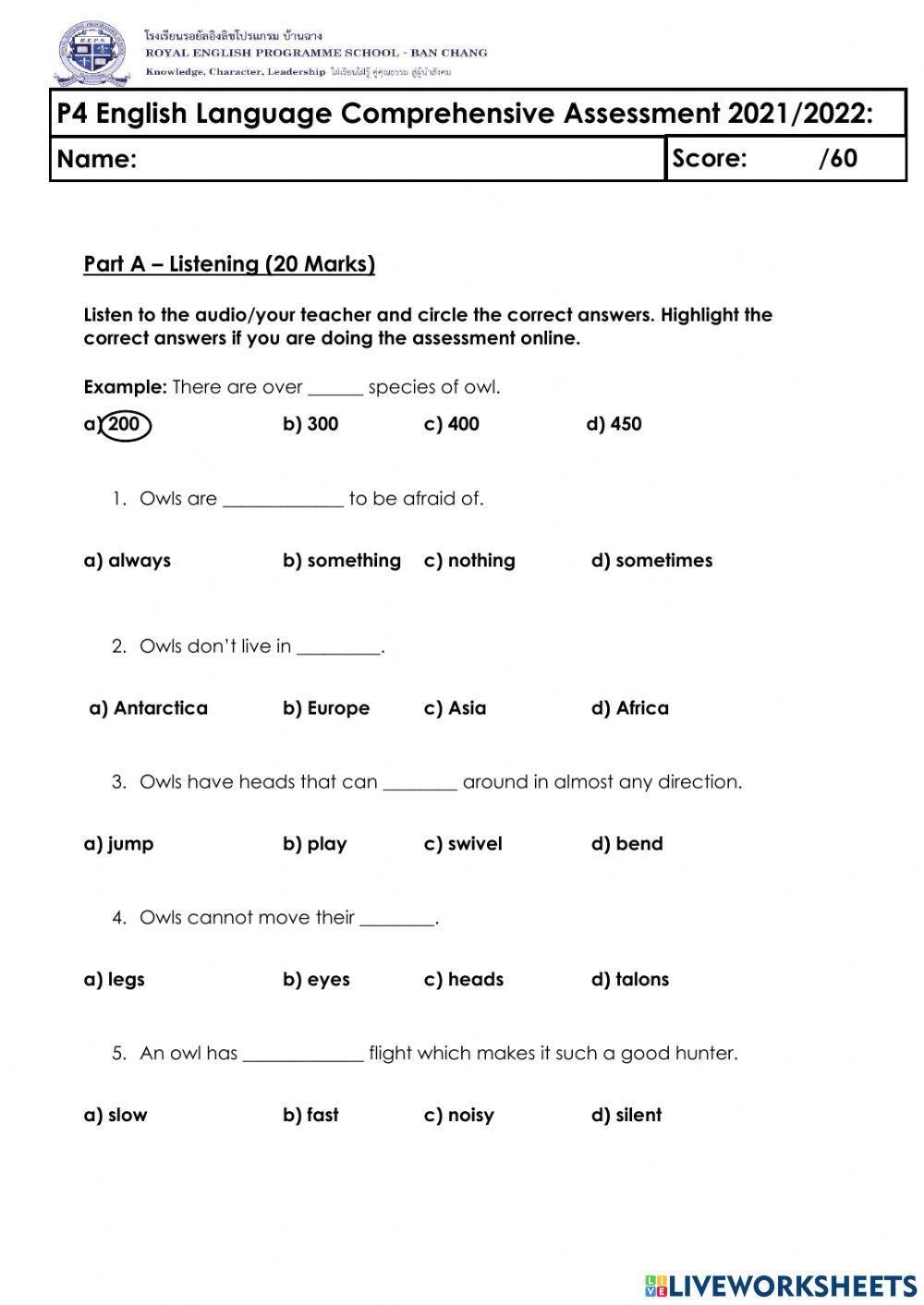 P4 Q4 Comprehensive Assessment worksheet | Live Worksheets