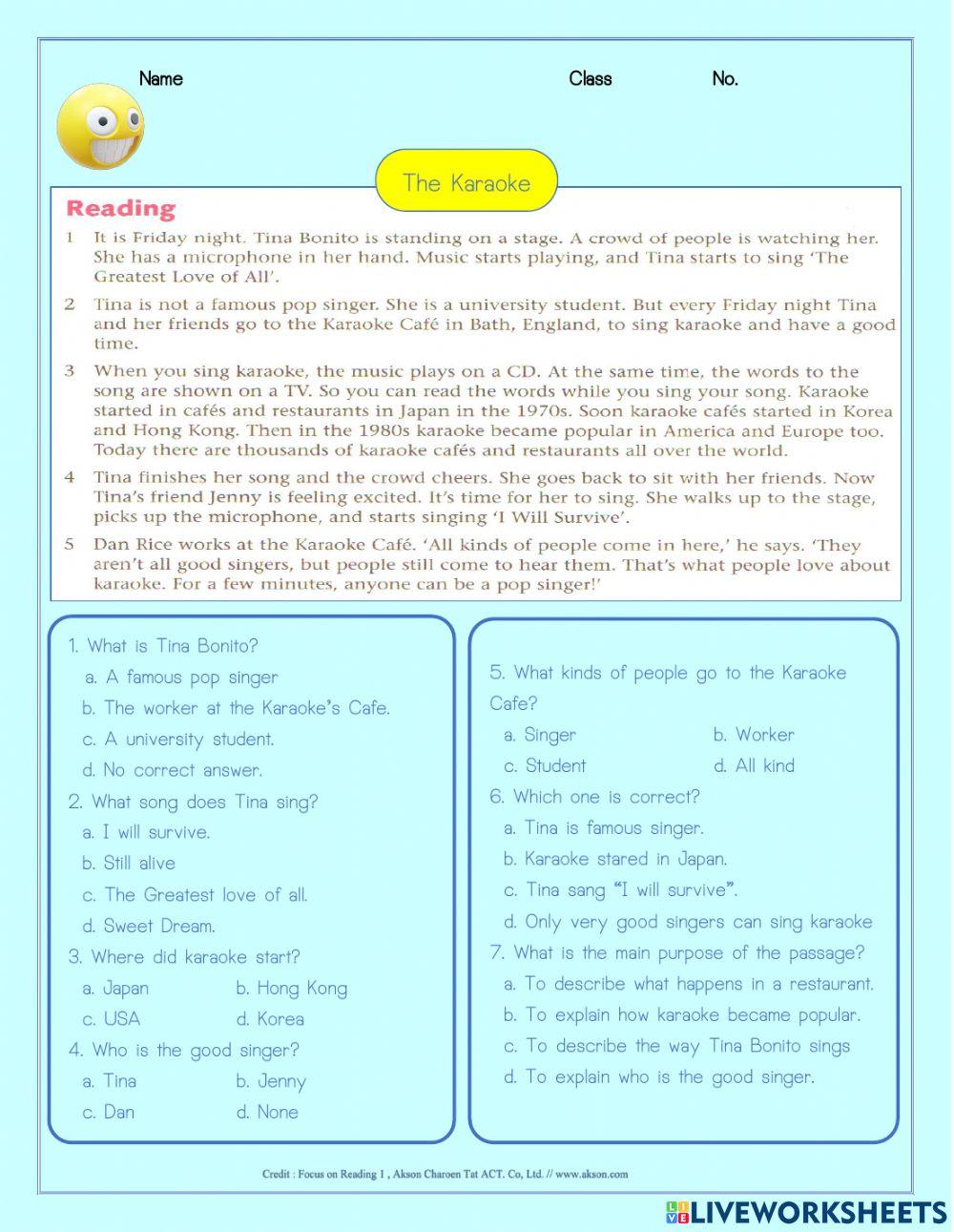 Unit 5 Karaoke Reading Comprehension online exercise for | Live Worksheets
