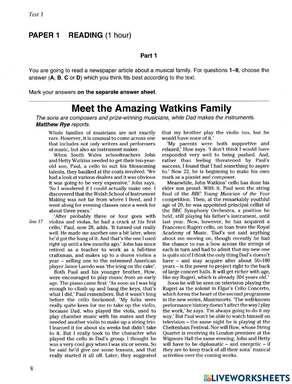 FCE Reading test | Free Interactive Worksheets | 1838743