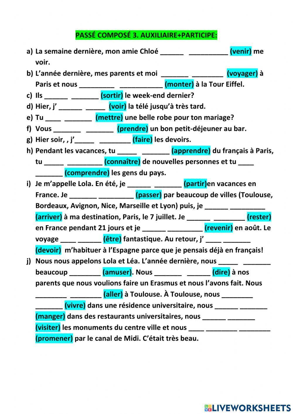 Passé composé 3 | Free Interactive Worksheets | 1839083