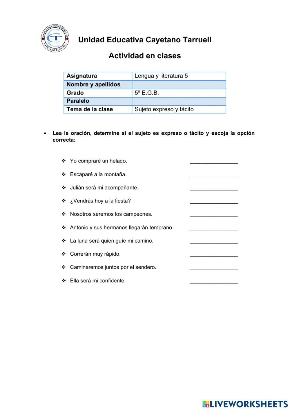 Sujeto expreso … | Free Interactive Worksheets | 1839273