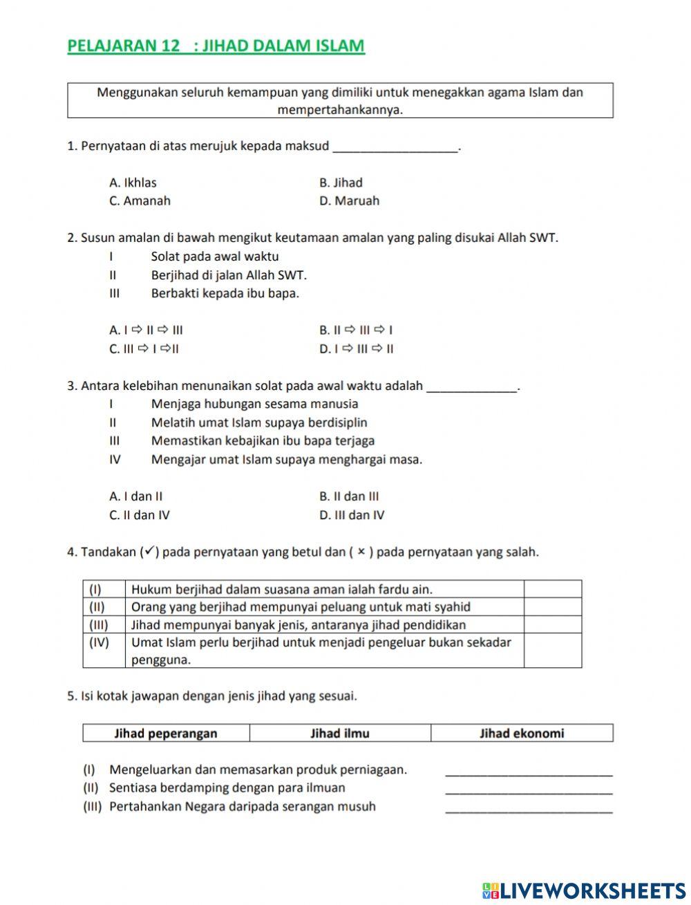Pendidikan islam tingkatan 1 activity for MENENGAH RENDAH | Live Worksheets