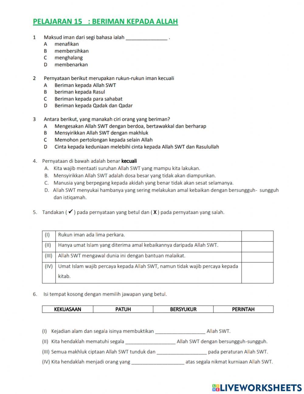 Pendidikan islam ingkatan 1 worksheet | Live Worksheets