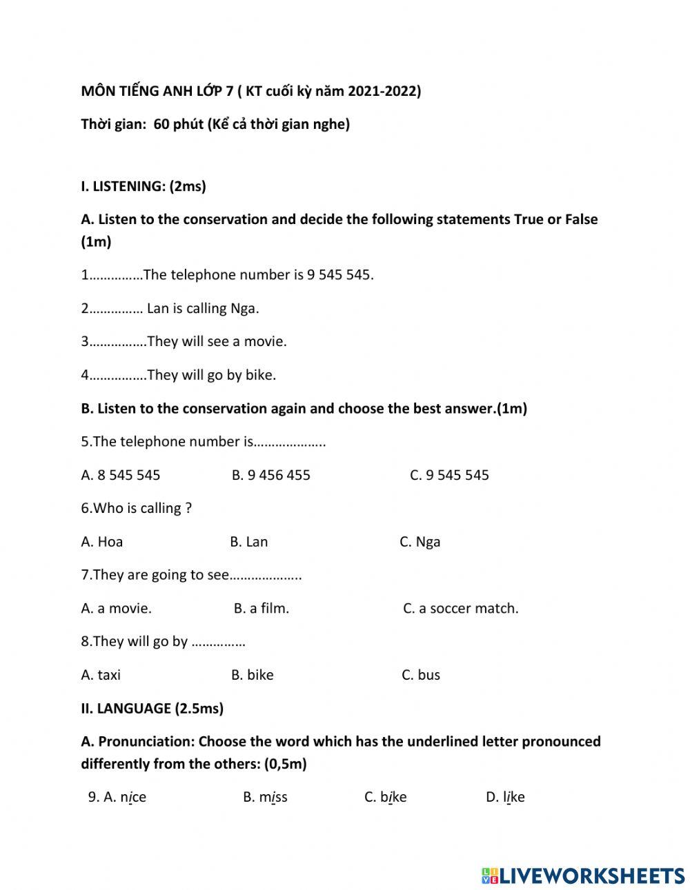 THE FIRST TERM TEST GRADE 7 2657784 | Trịnh Thị Kim Ngân