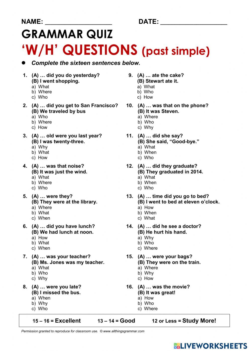 Wh-word past simple online exercise for | Live Worksheets