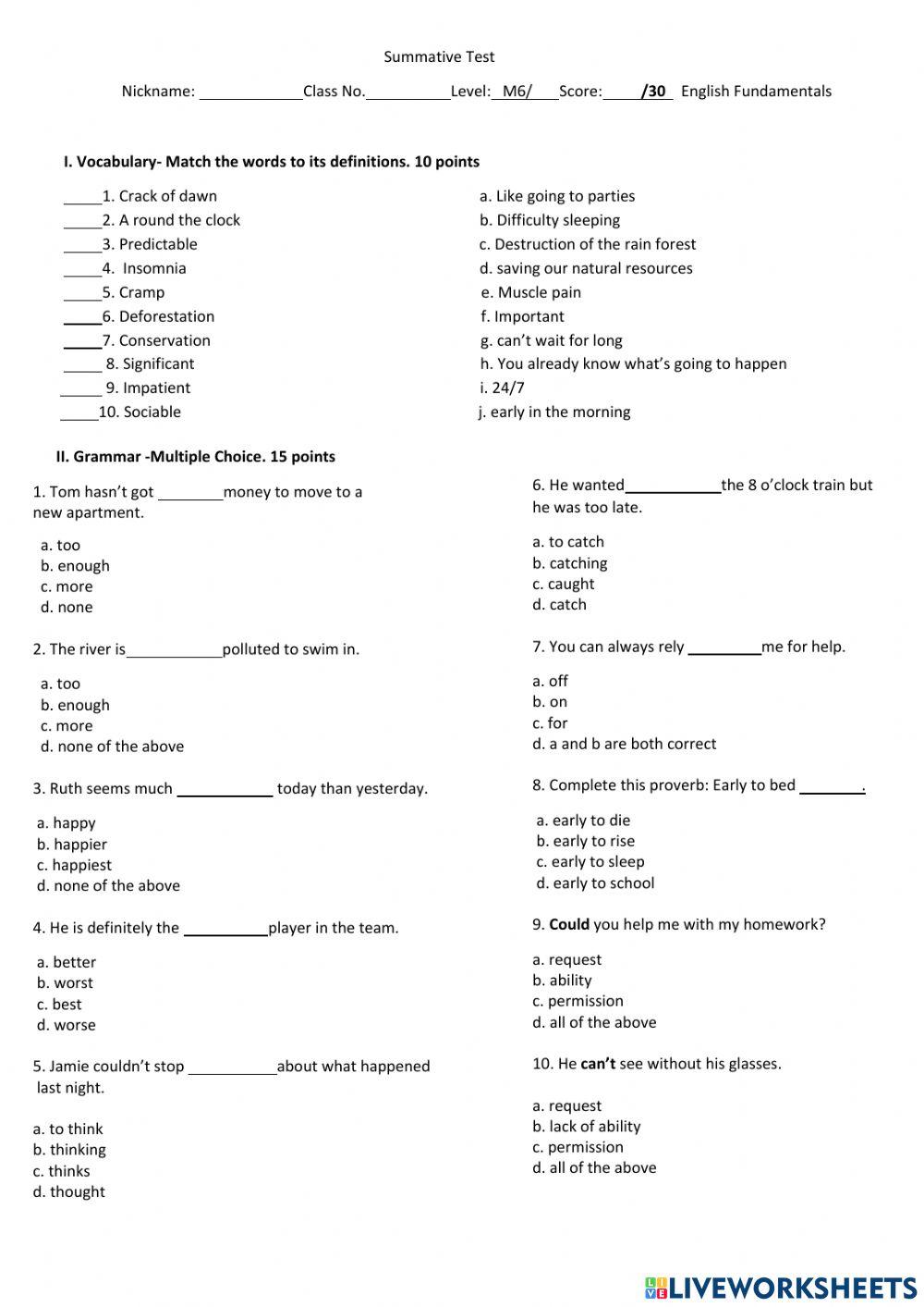 M6-Midterm online exercise for | Live Worksheets