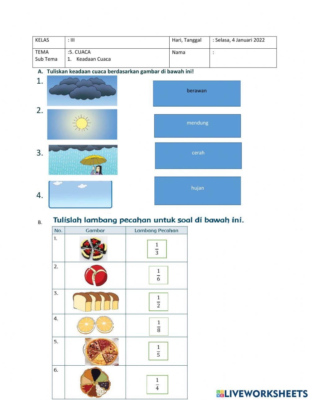 Cuaca dan pecahan worksheet | Live Worksheets