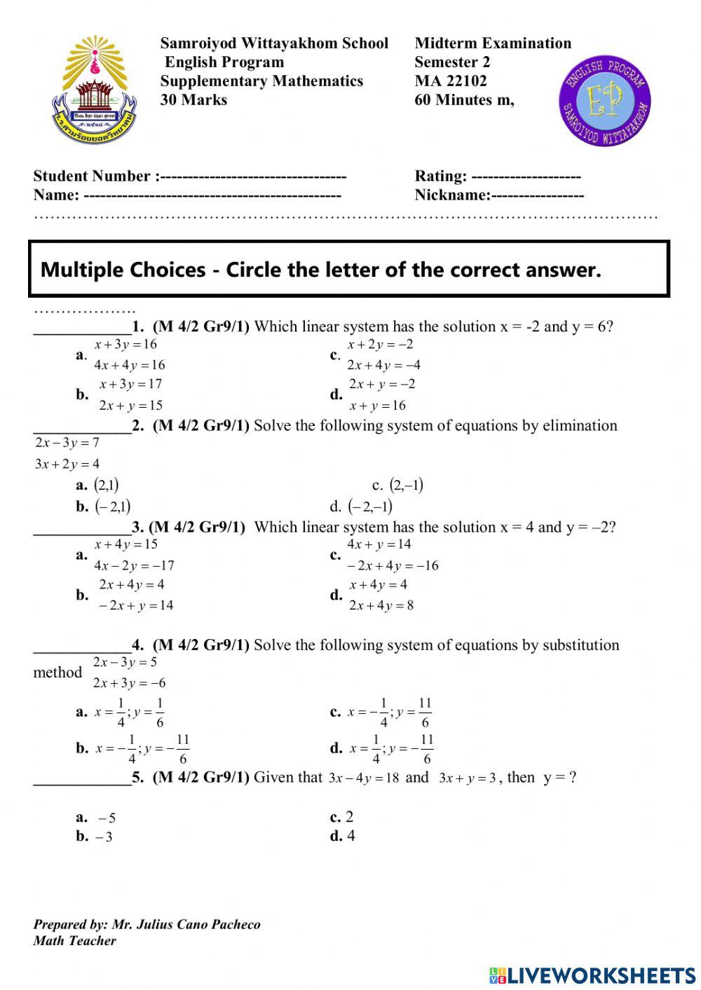 MIDTERM TEST M.3 2564 online exercise for | Live Worksheets