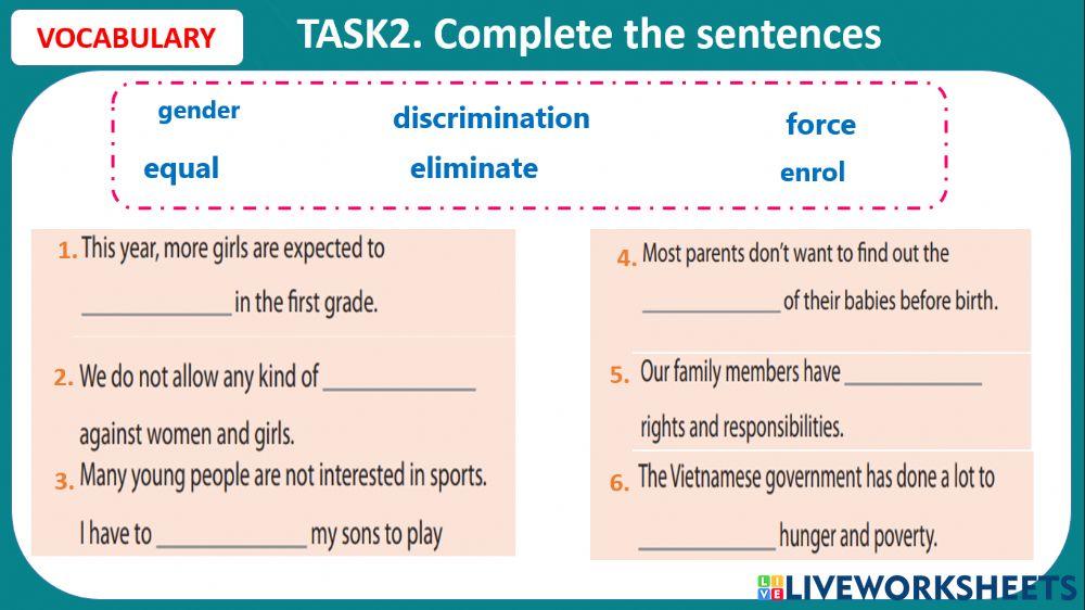 U6:gender equality worksheet | Live Worksheets
