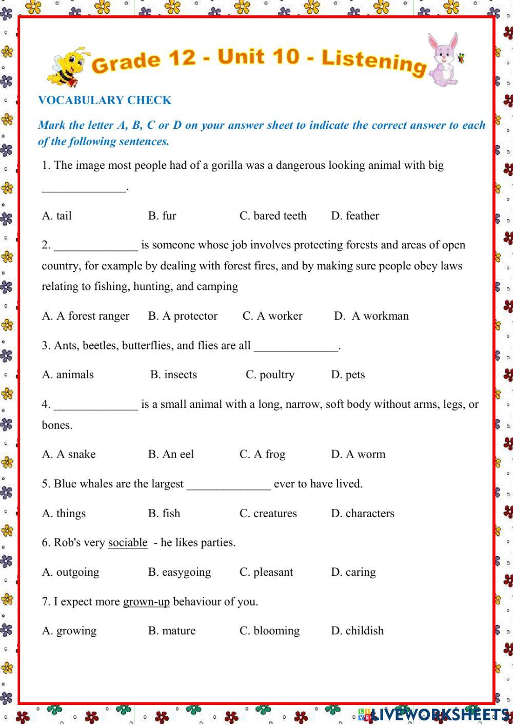 Grade 12-Unit 10-Listening-Vocabulary Check worksheet | Live Worksheets
