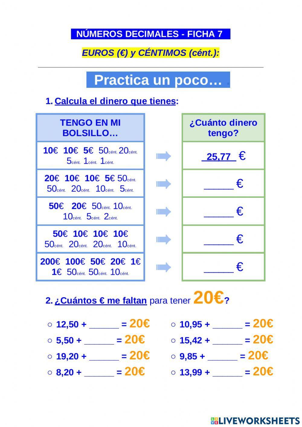 Euros y céntimos interactive exercise for cuarto de primaria | Live ...