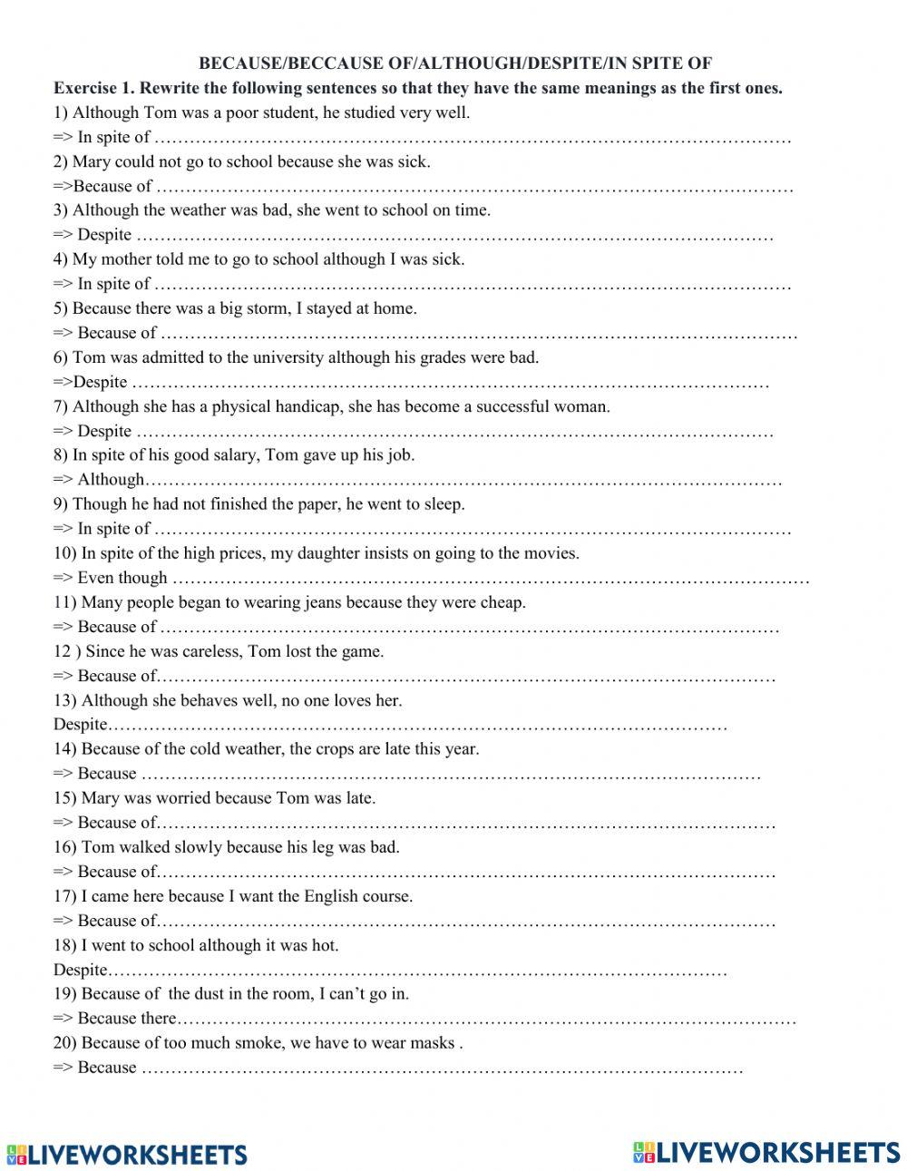 because because of although despite online exercise for | Live Worksheets