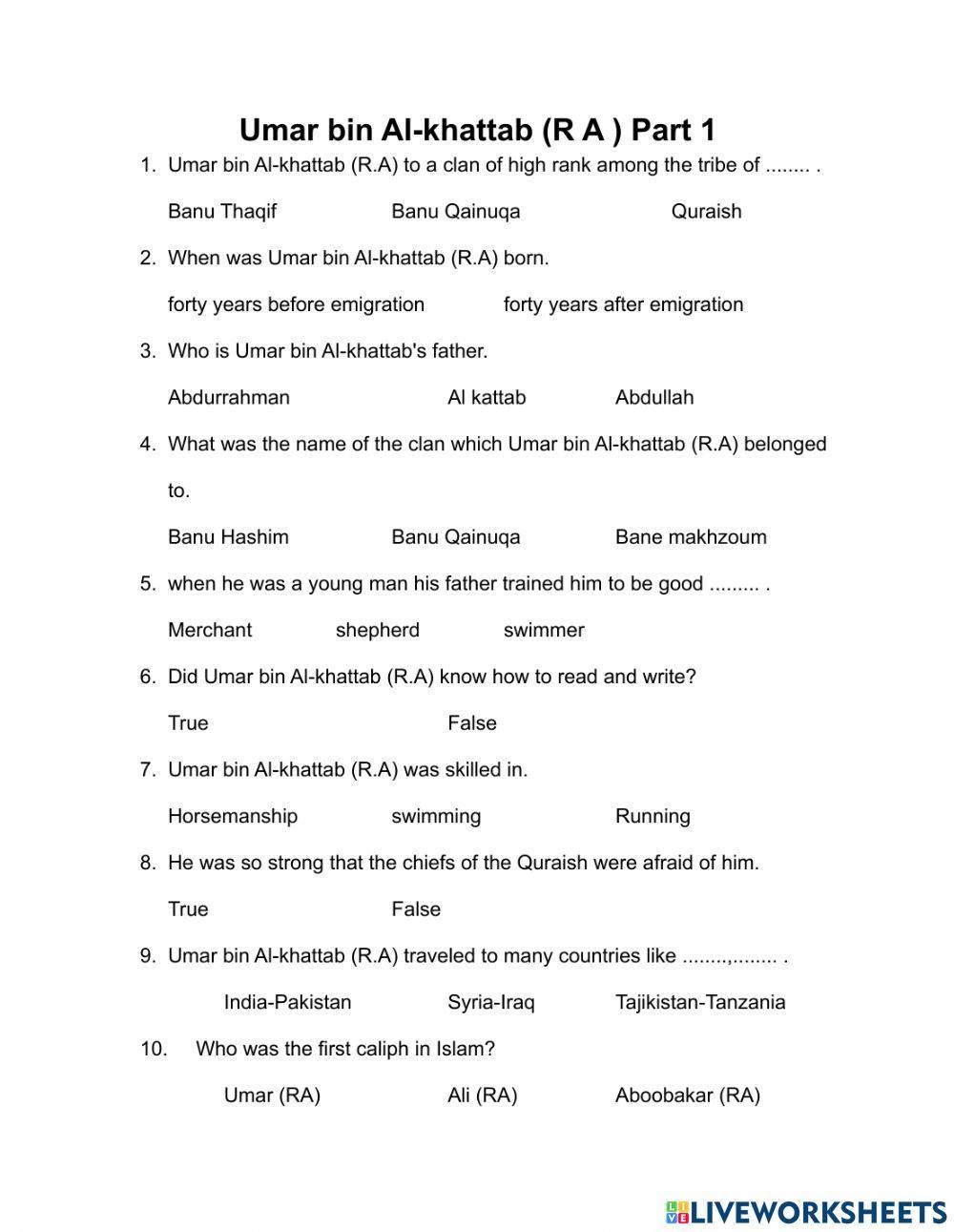 Umar ibn al Kha… | Free Interactive Worksheets | 1770921