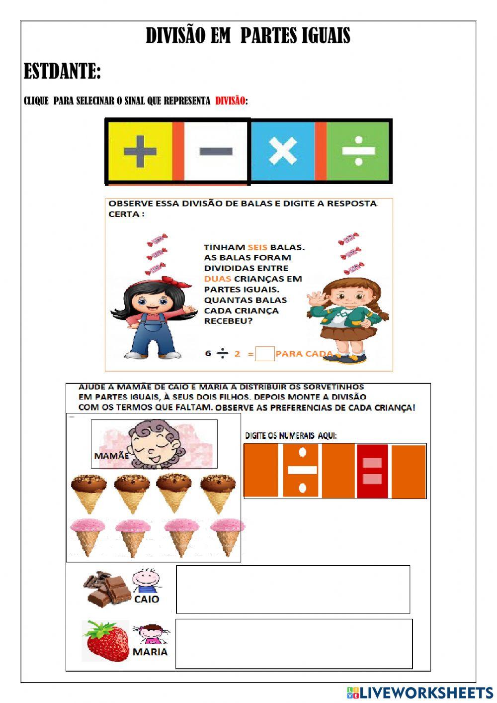 Divisão em partes iguais worksheet | Live Worksheets