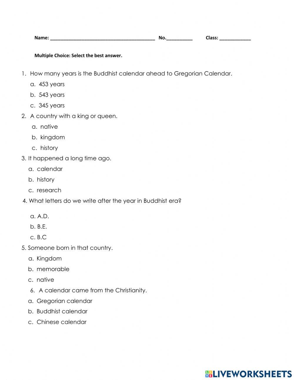 Multiple Choice - Midterm Pre test 3 online exercise for | Live Worksheets