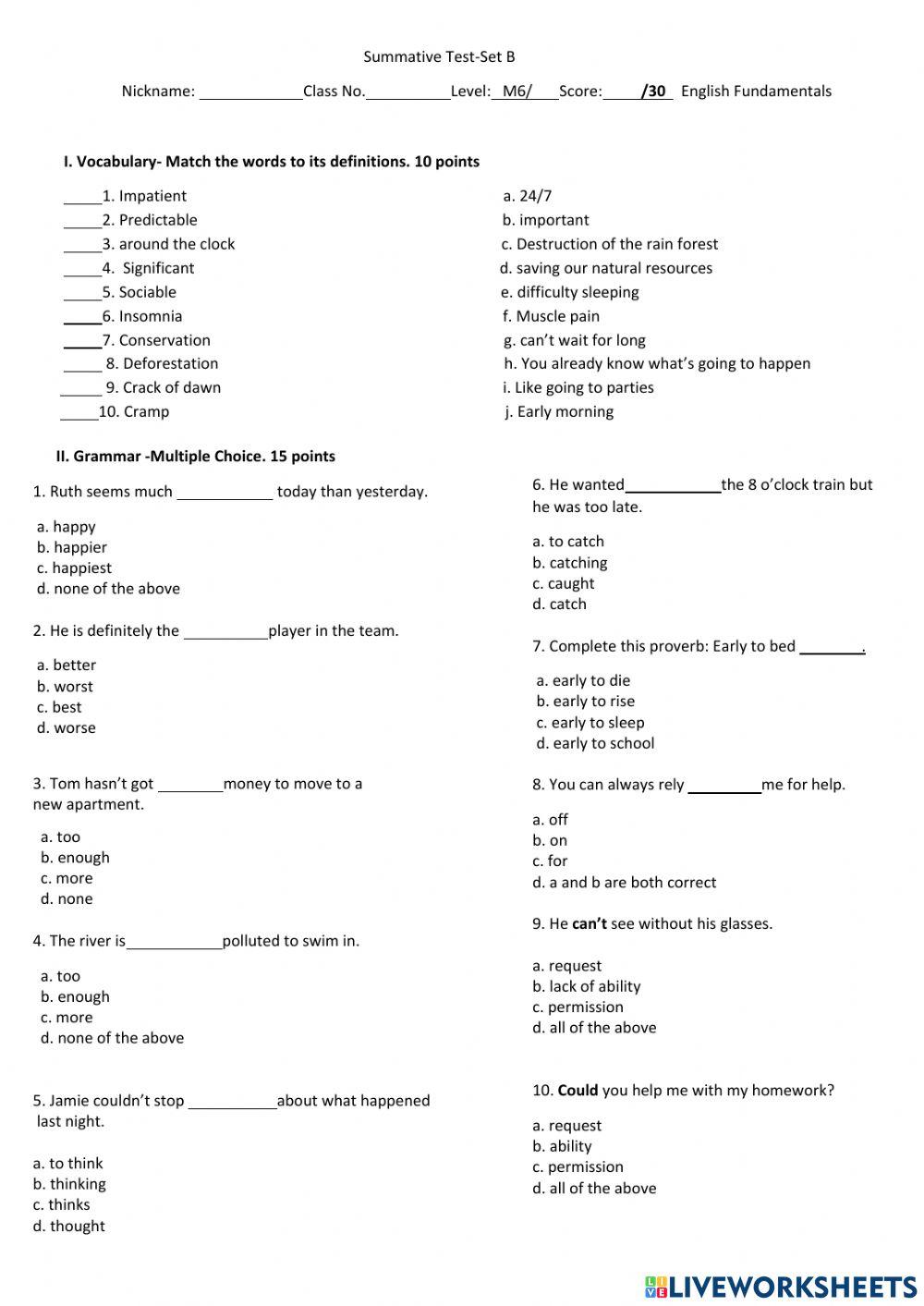 M6-Set B Exam online exercise for | Live Worksheets