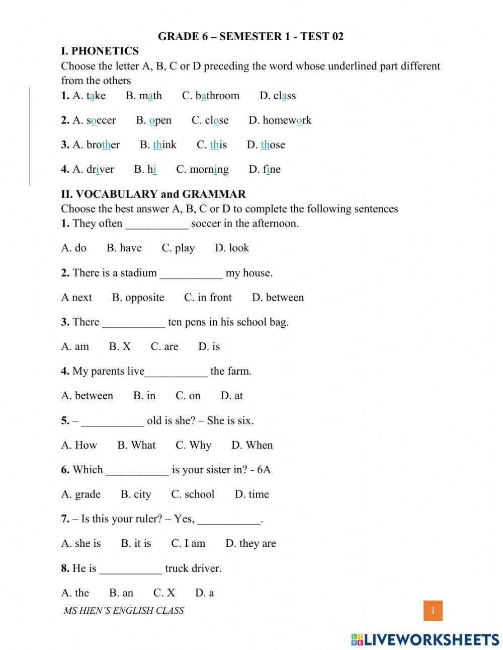 G6- S1-2021 Test 2 worksheet | Live Worksheets