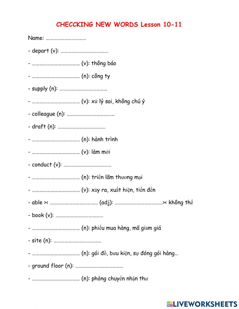 Checking new words 10 - 11 worksheet | Live Worksheets