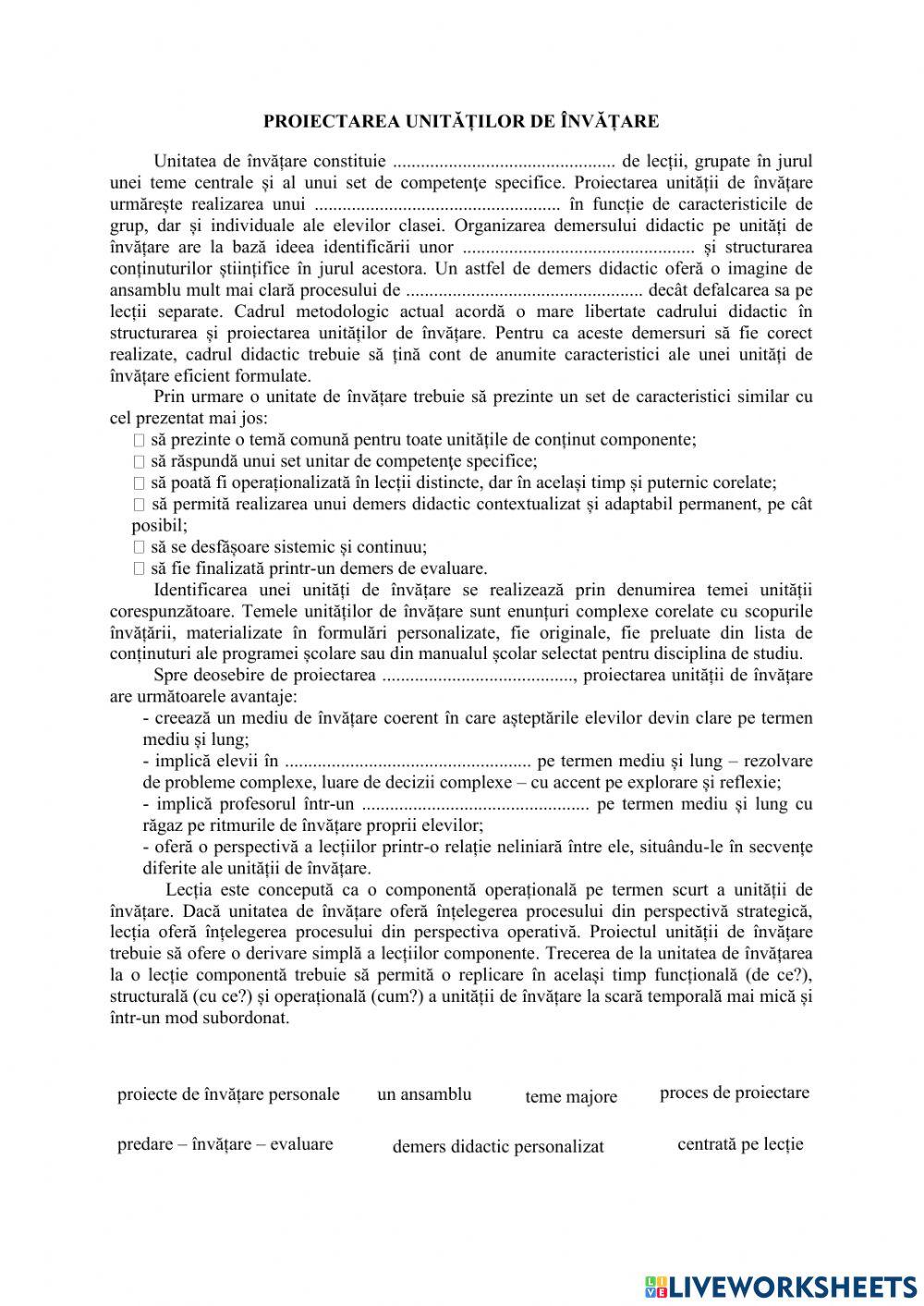 Proiectarea unitatii de invatare interactive worksheet | Live Worksheets