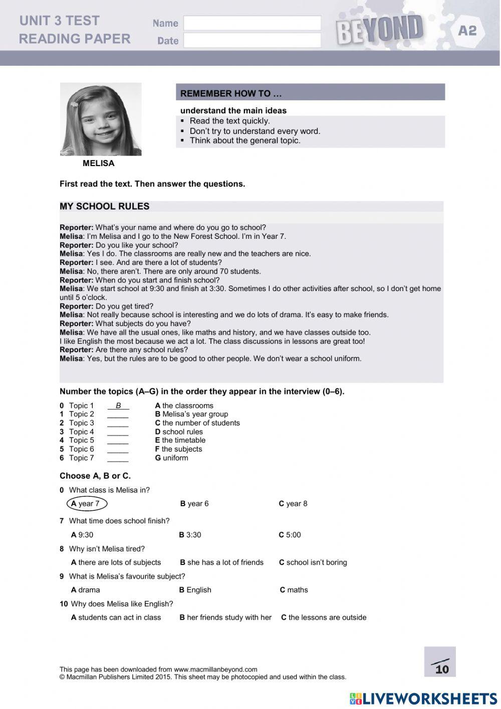 Unit 2 bA2 reading online exercise for | Live Worksheets