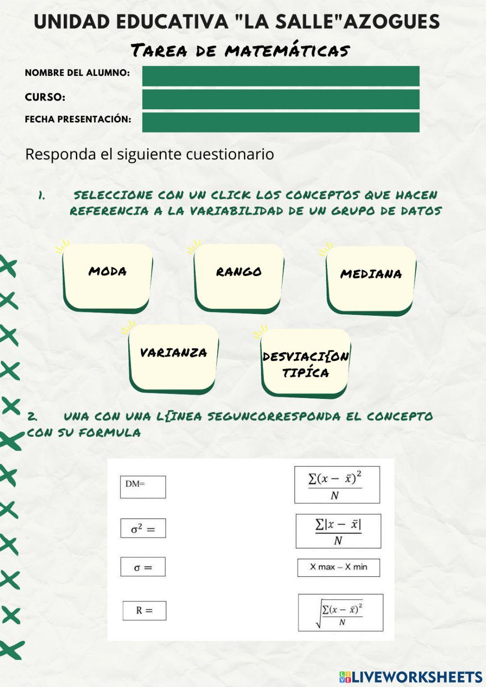 Medidas Dispersión 2 worksheet | Live Worksheets