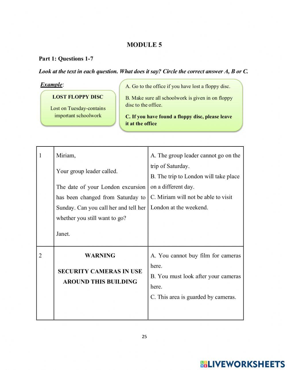 Reading B1 Module 5 online exercise for | Live Worksheets