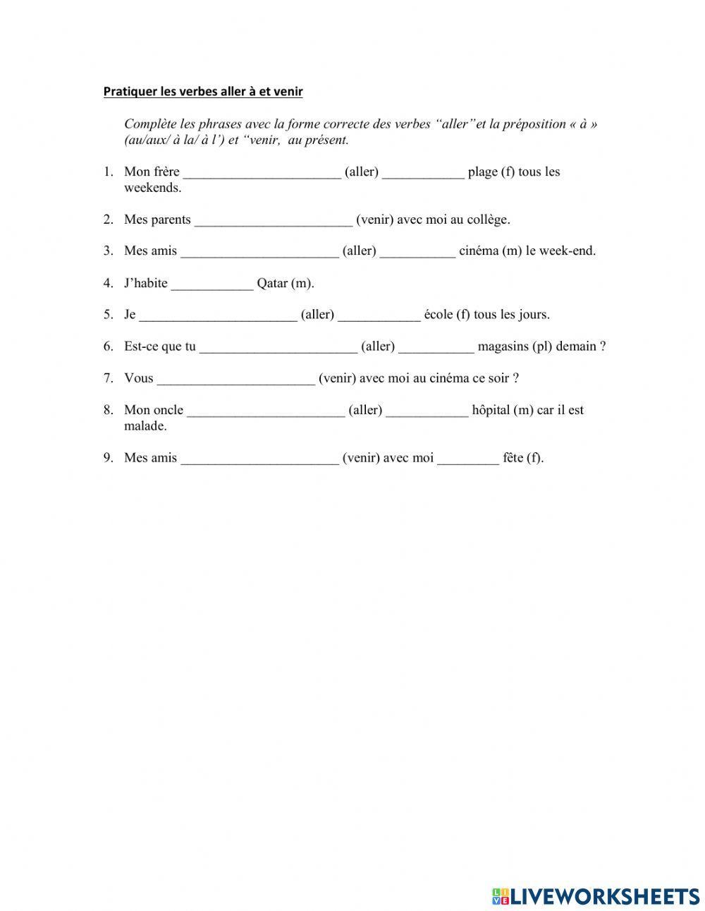 Le verbe aller … | Free Interactive Worksheets | 1773113