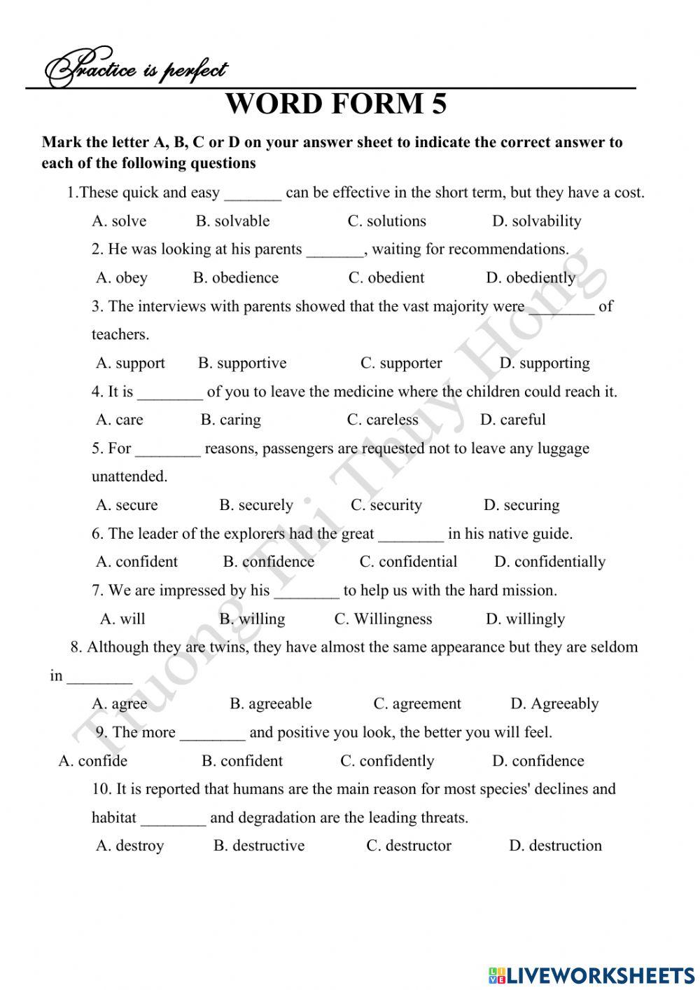 Bai tap word form 5 worksheet | Live Worksheets