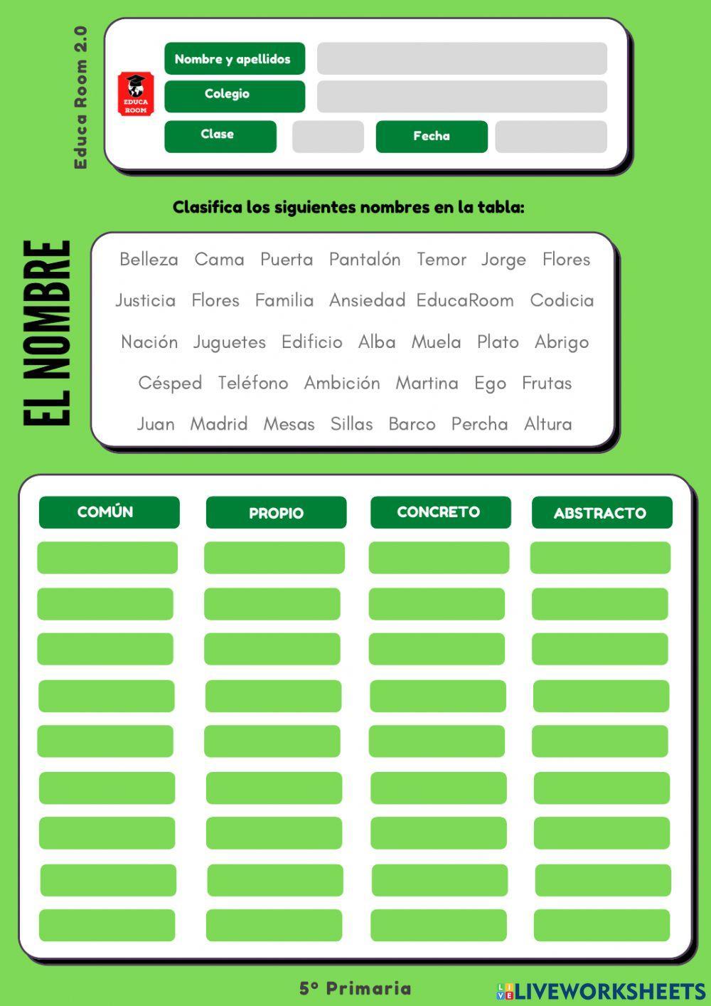 5º ud3 el nombre lengua worksheet | Live Worksheets