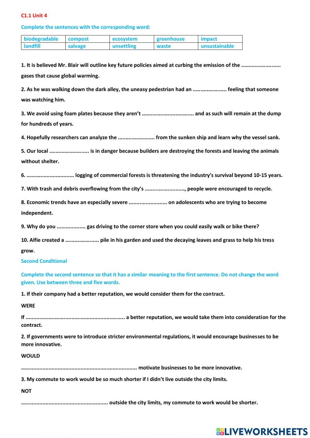 C1.1 Unit 4 worksheet | Live Worksheets