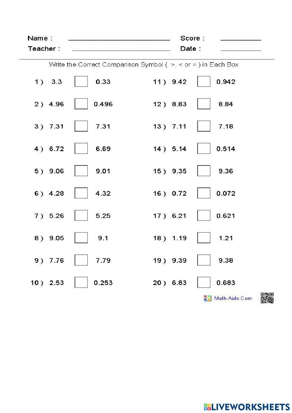 Comparing Decimals online exercise for | Live Worksheets