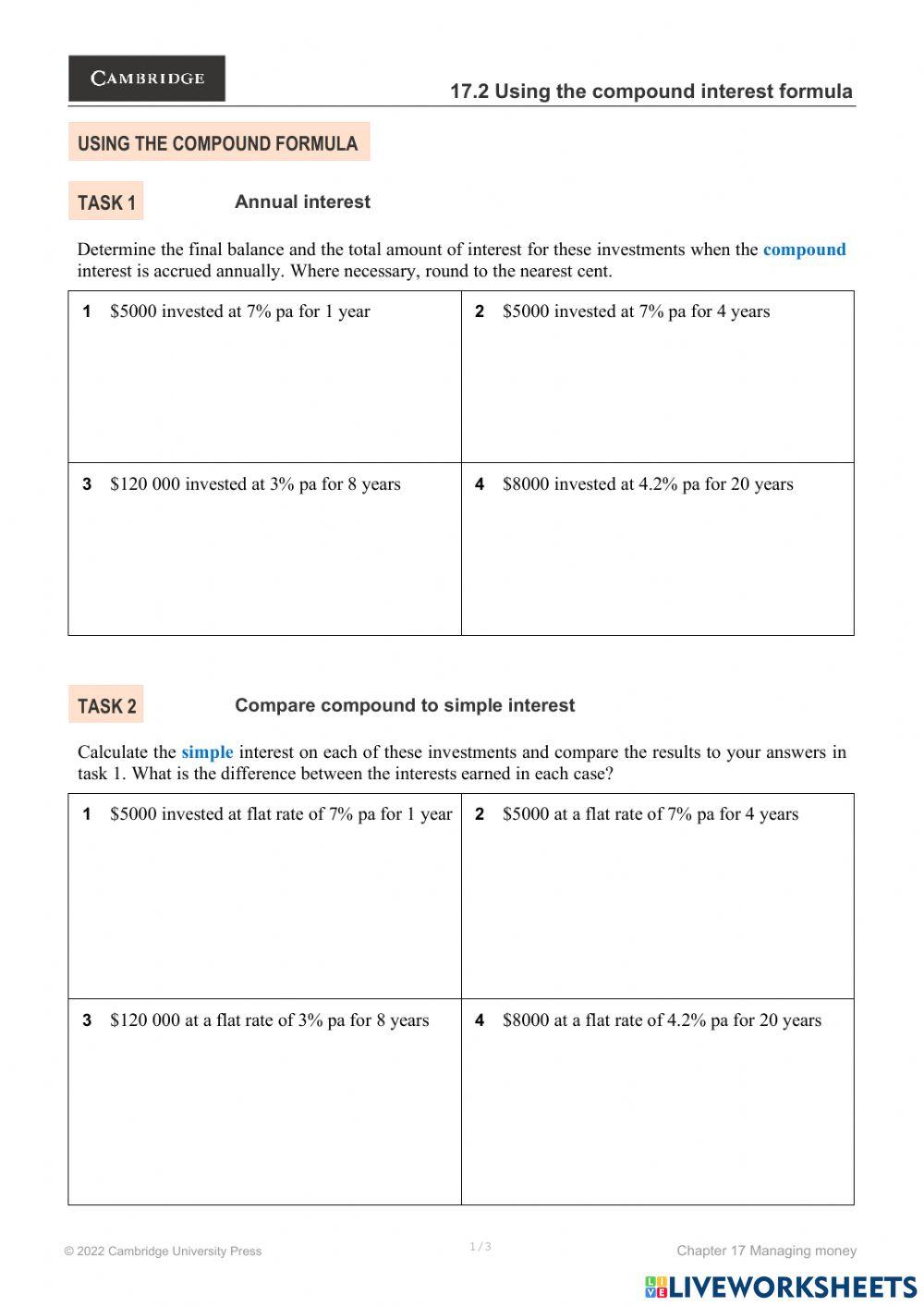 Exercise Simple and Compound Interest online exercise for | Live Worksheets Exercise Simple and Compound Interest online exercise for | Live Worksheets
