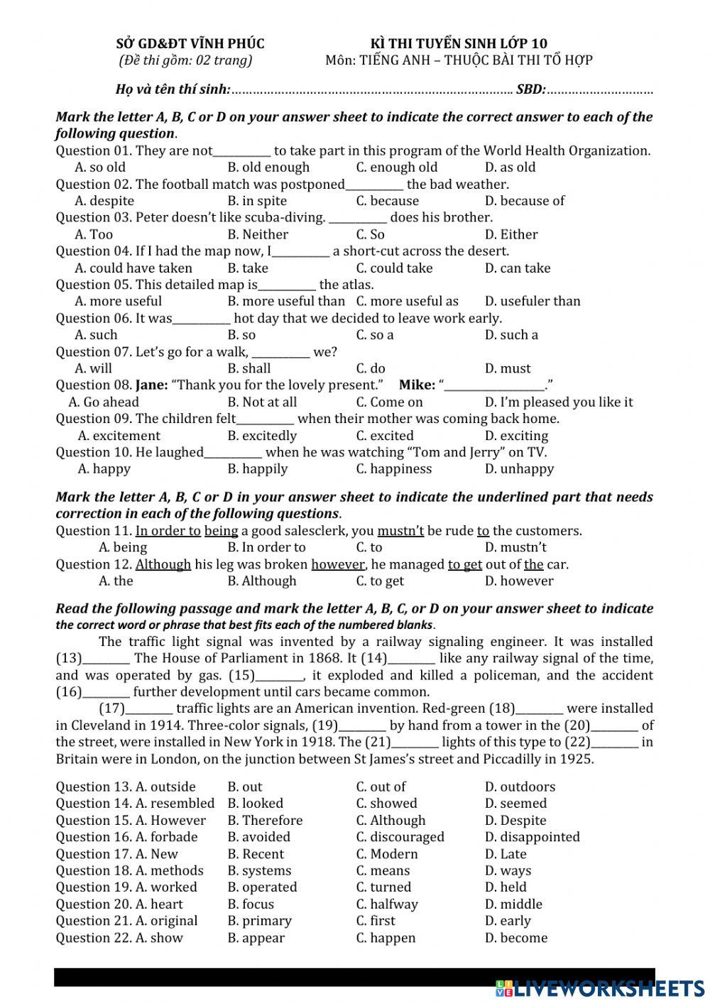 ENGLISH 9-TEST 15 online exercise for | Live Worksheets