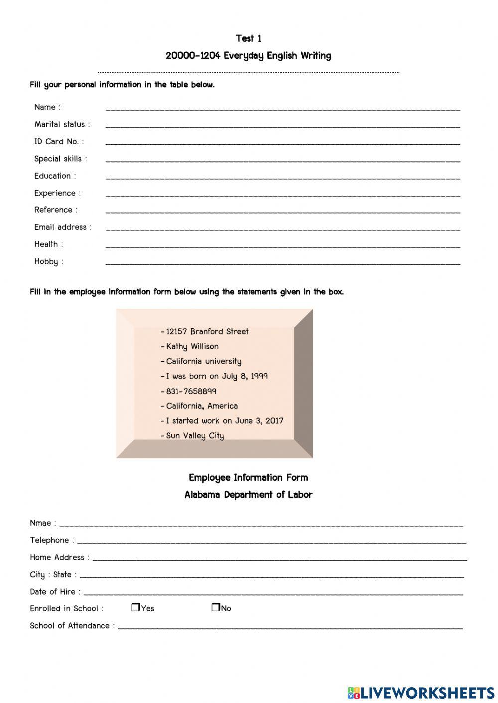 Test 1 (20000-1204) online exercise for | Live Worksheets