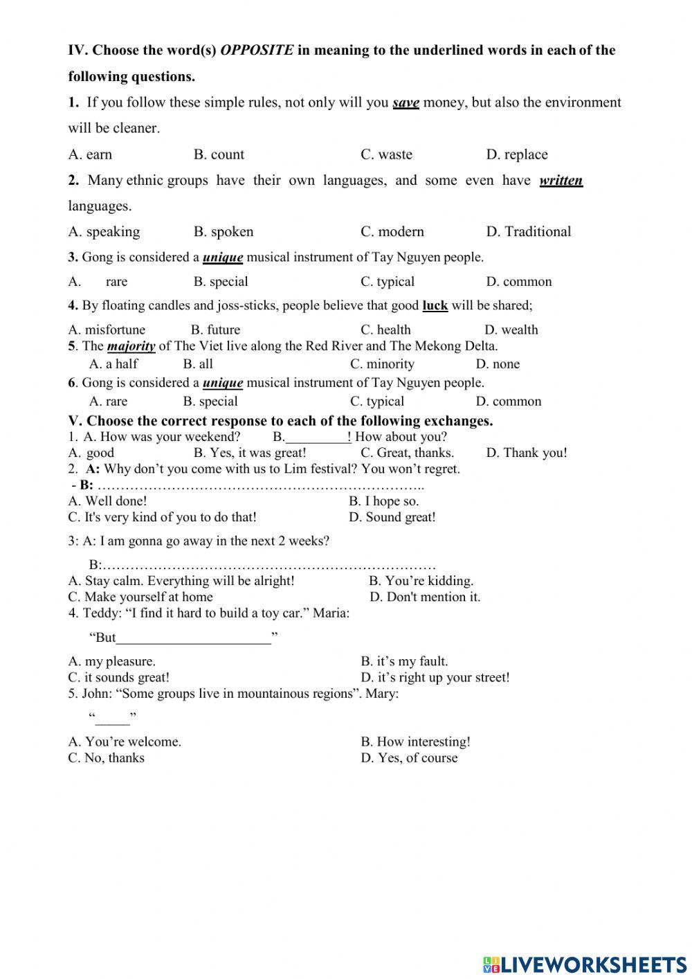 English 8 - Revision no.6 online exercise for | Live Worksheets