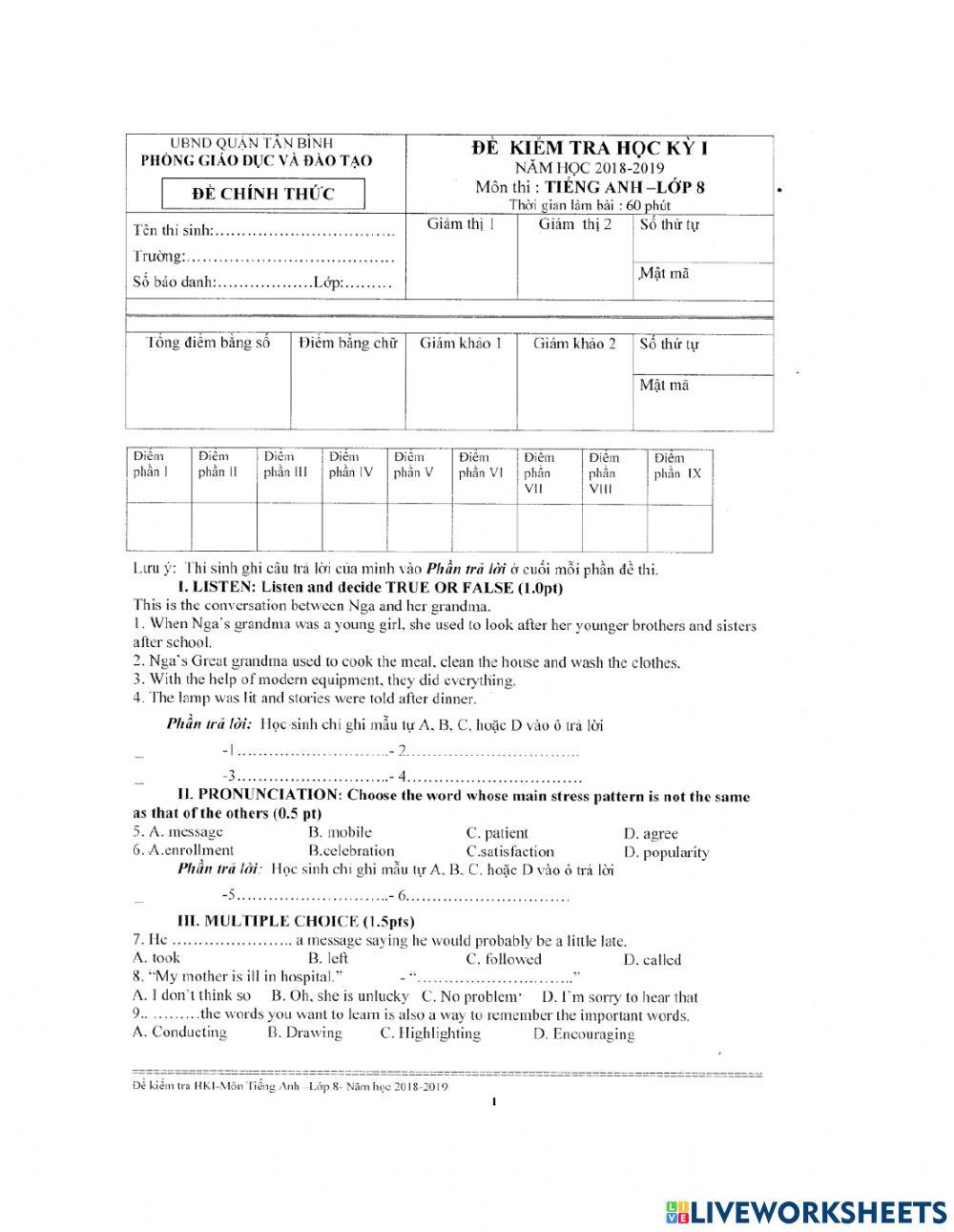 FIRST TERM TEST - GRADE 8 online exercise for | Live Worksheets
