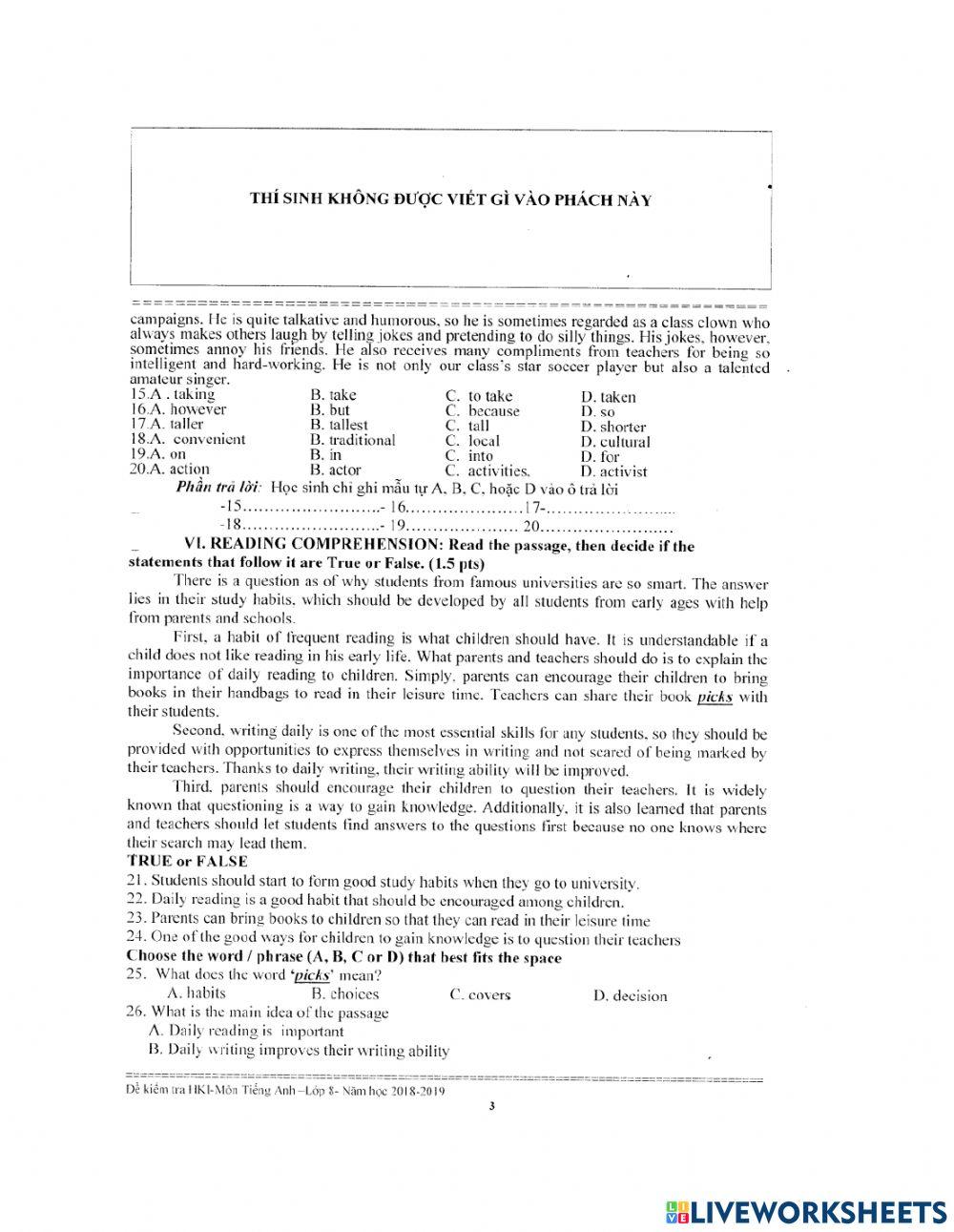 FIRST TERM TEST - GRADE 8 online exercise for | Live Worksheets