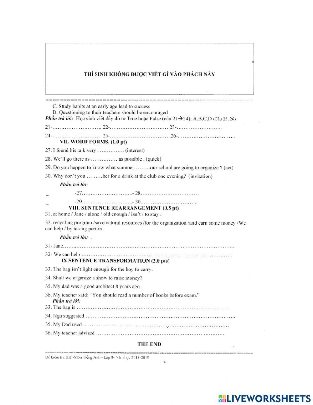 FIRST TERM TEST - GRADE 8 online exercise for | Live Worksheets